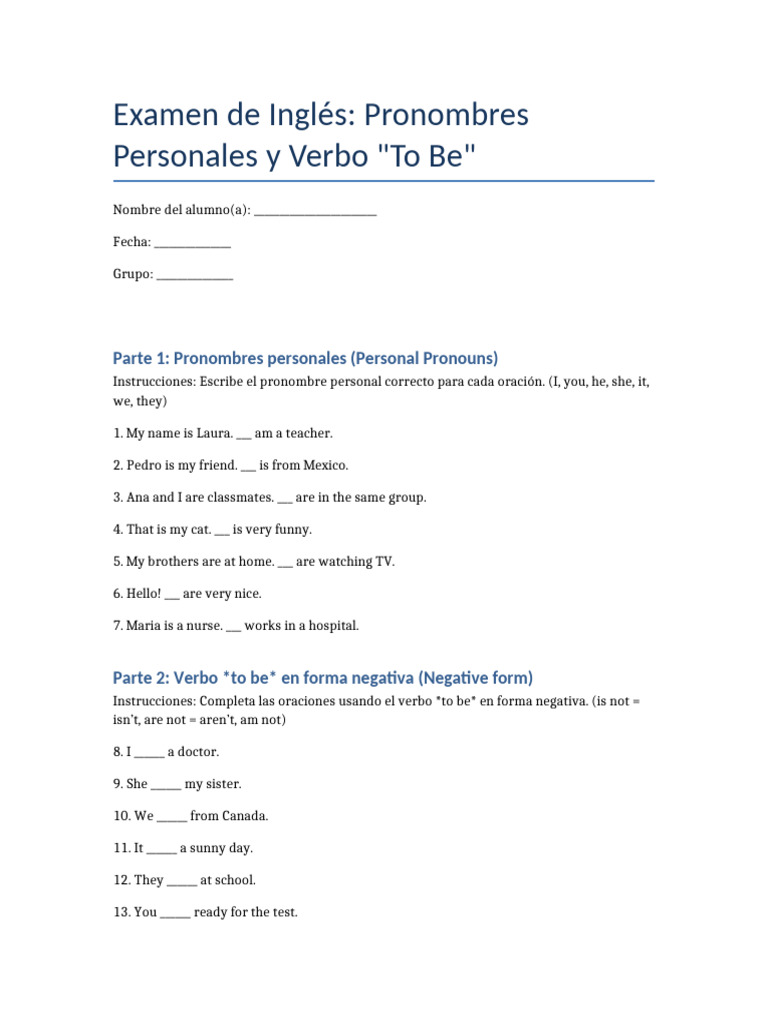 Examen Pronombres Verbo ToBe | PDF