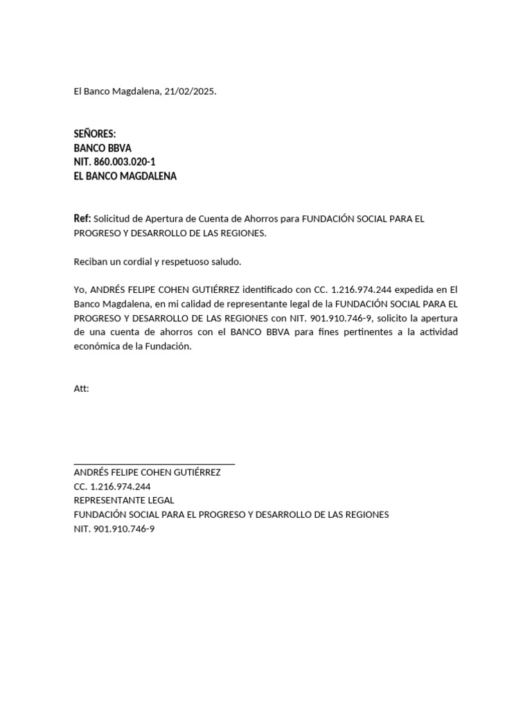 Carta para Banco BBVA | PDF