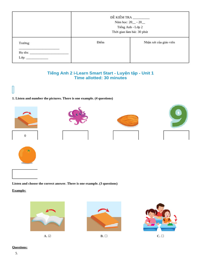 Tiếng Anh 2 I-Learn Smart Start - Luyện Tập - Unit 1 - 1 | PDF