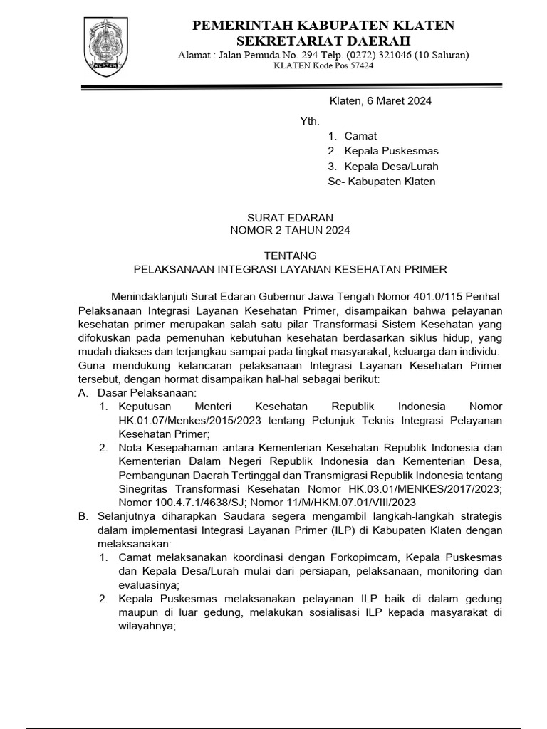 SURAT EDARAN ILP SEKDA KLATEN-1 | PDF