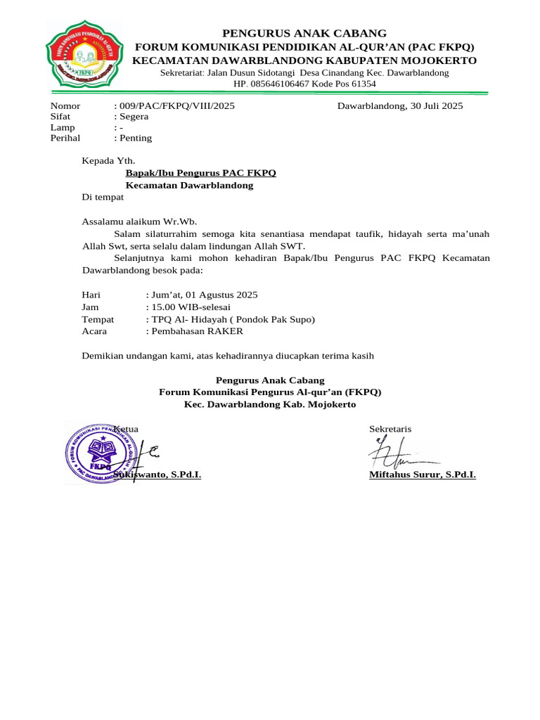 Undangan Pengurus Pac FKPQ Raker | PDF