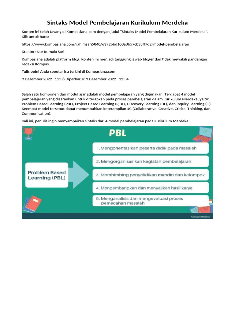 Sintaks Model Pembelajaran Kurikulum Merdeka | PDF