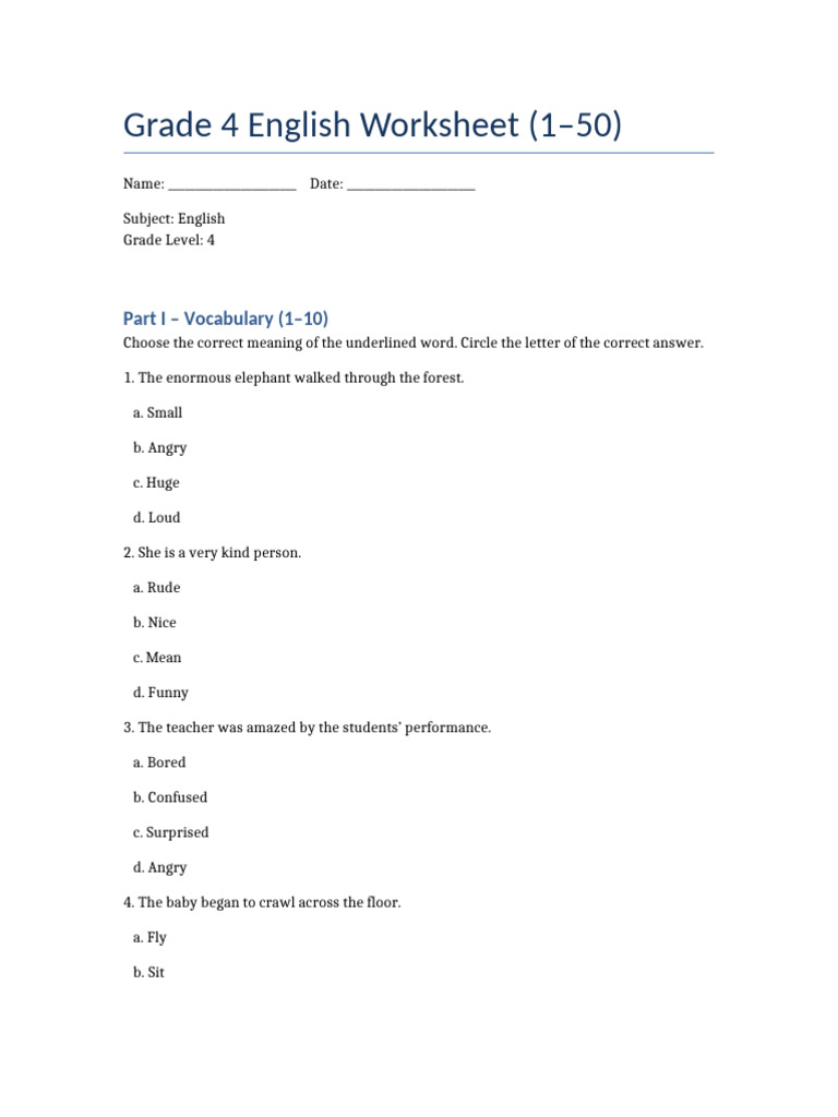 Grade 4 English Worksheet Activities | PDF | Part Of Speech | Linguistics