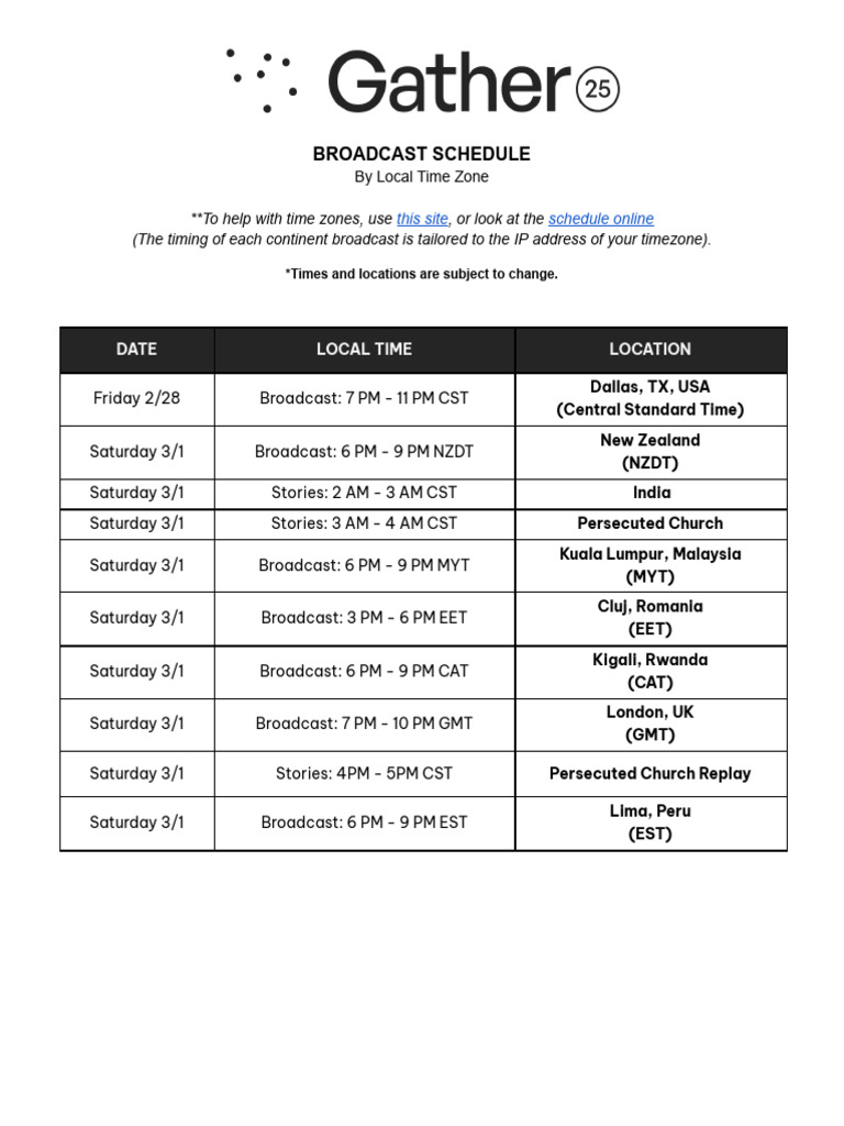 Broadcast Schedule by Time Zone | PDF
