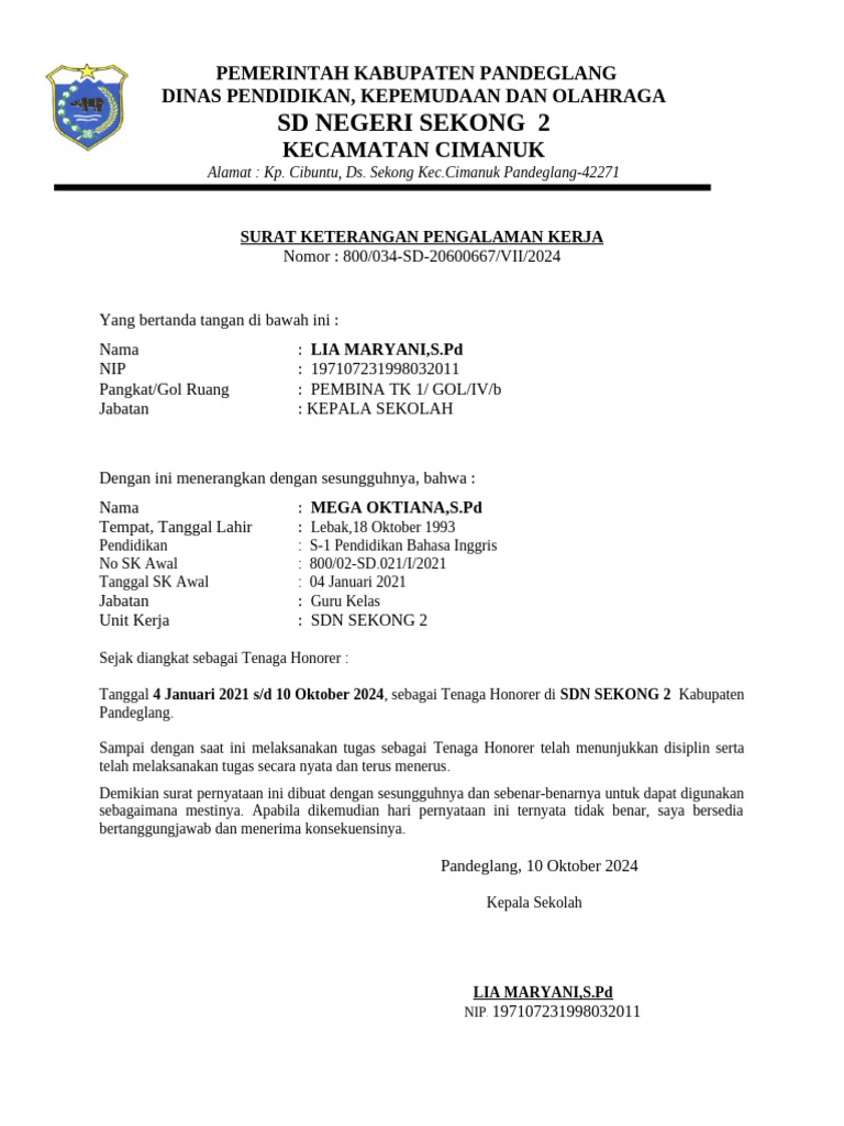 Contoh Surat Keterangan Pengalaman Kerja PPPK 2024 | PDF