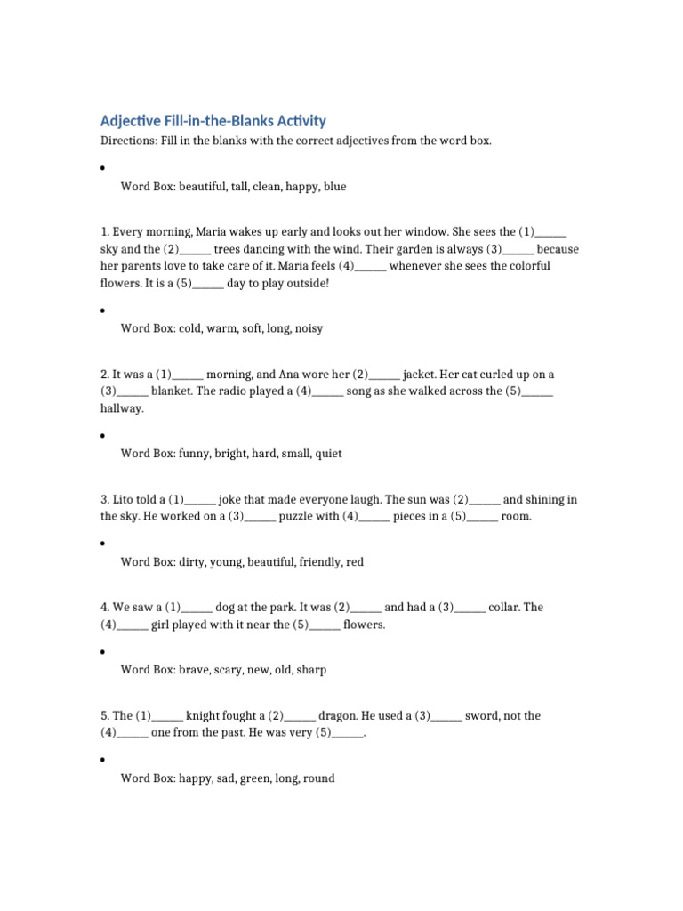 Grade 4 Adjective Fill-in-the-Blanks | PDF