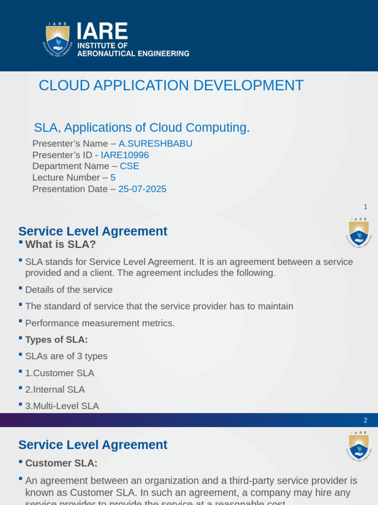 SLA, Applications of Cloud | PDF | Service Level Agreement | Cloud Computing