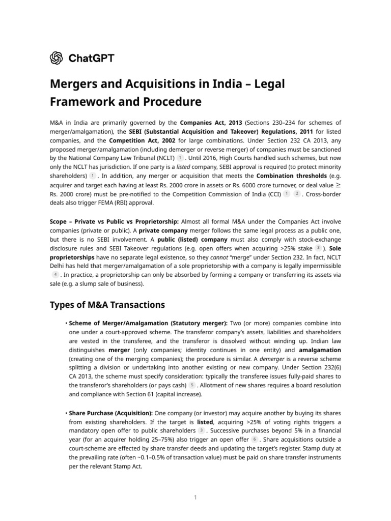Mergers and Acquisitions Law in India | PDF | Mergers And Acquisitions ...
