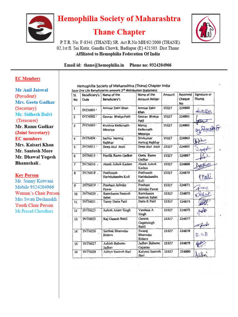 Hemophilia Society of Maharashtra Thane Chapter: MR Anil Jaiswal Mrs ...
