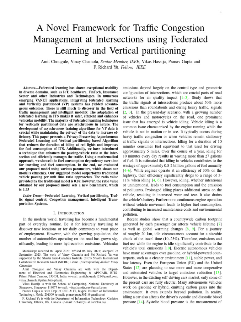 A Novel Framework For Traffic Congestion Management at Intersections Using Federated Learning ...