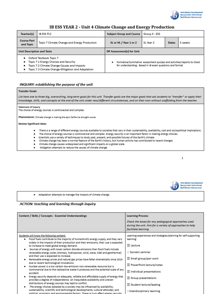 IB ESS YEAR 2 - Unit 4 Climate Change and Energy Production | PDF ...