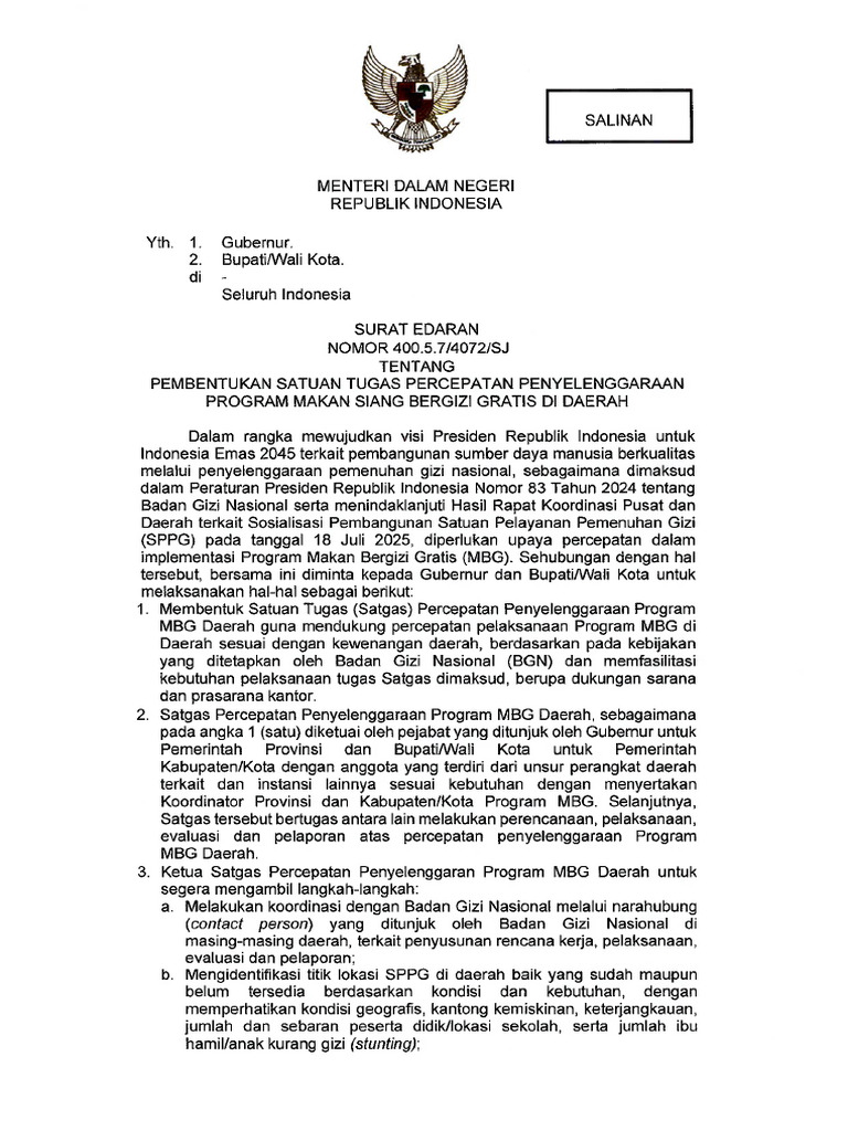 Salinan Surat Edaran Tentang Pembentukan Satuan Tugas Percepatan Penyelenggaraan Program MBG Di ...