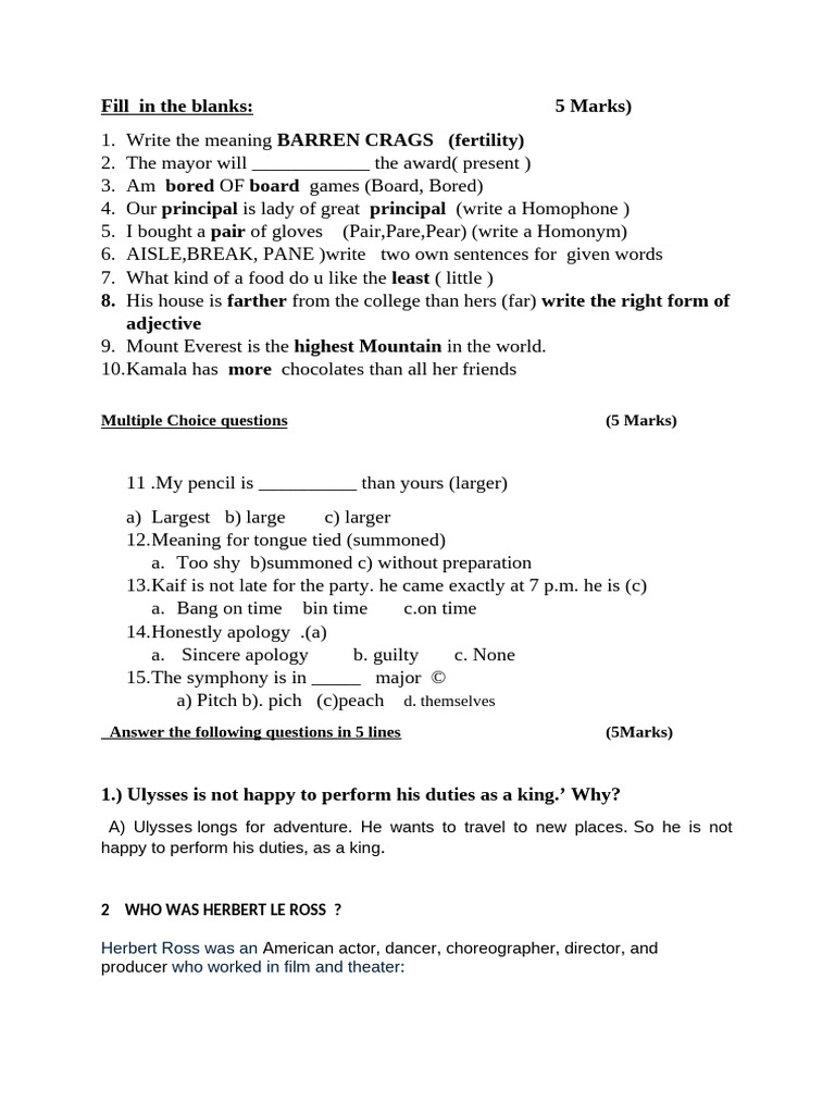 2nd Internal Key Paper English For Sem 1 | PDF