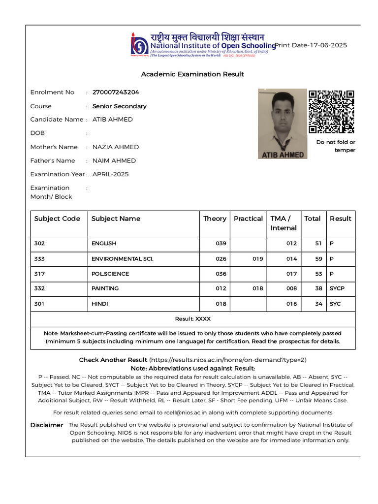 Result - National Institute of Open Schooling | PDF
