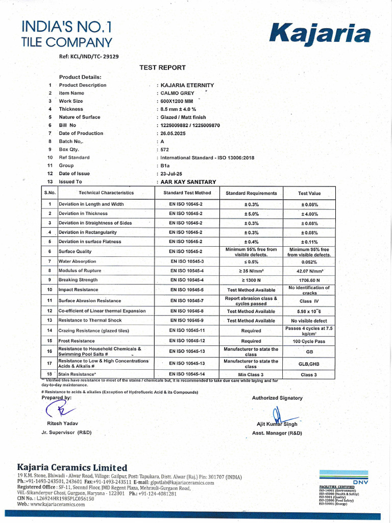 Kajaria Eternity Tile Test Report | PDF | Applied And Interdisciplinary ...