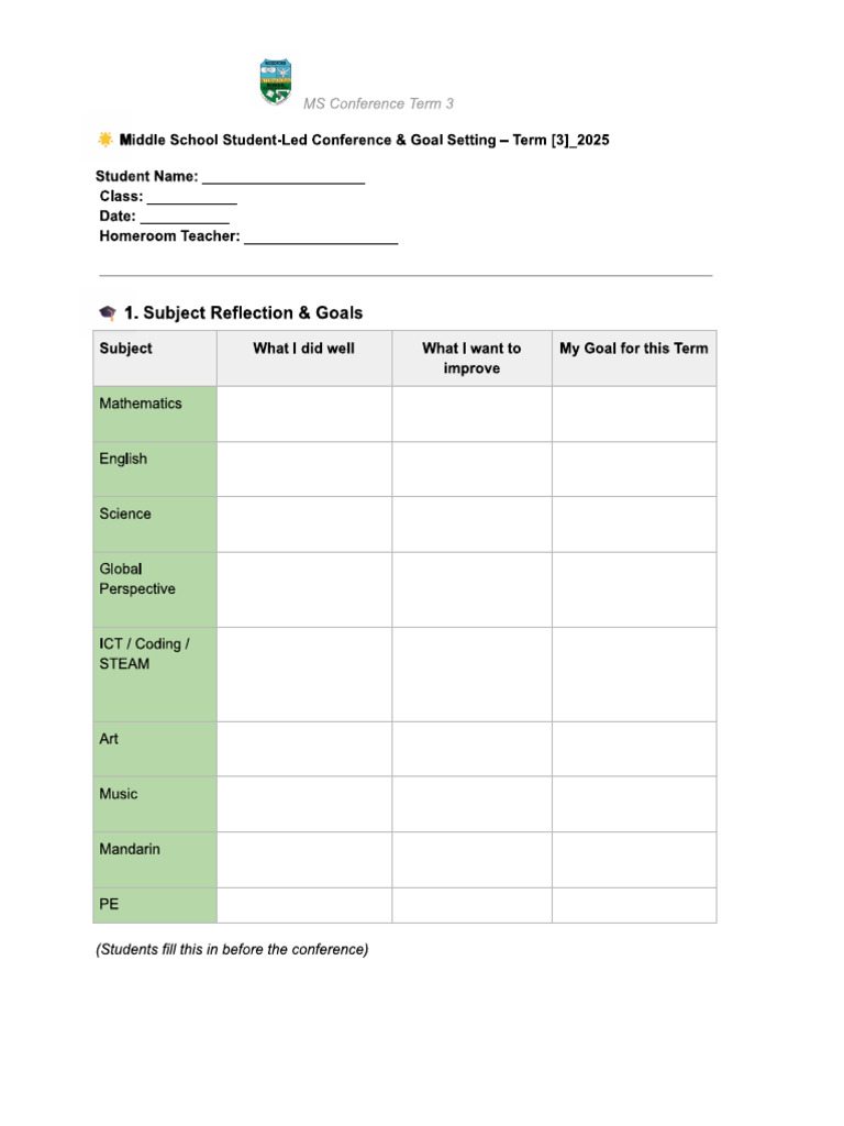 Middle School Student Goal Setting Form | PDF