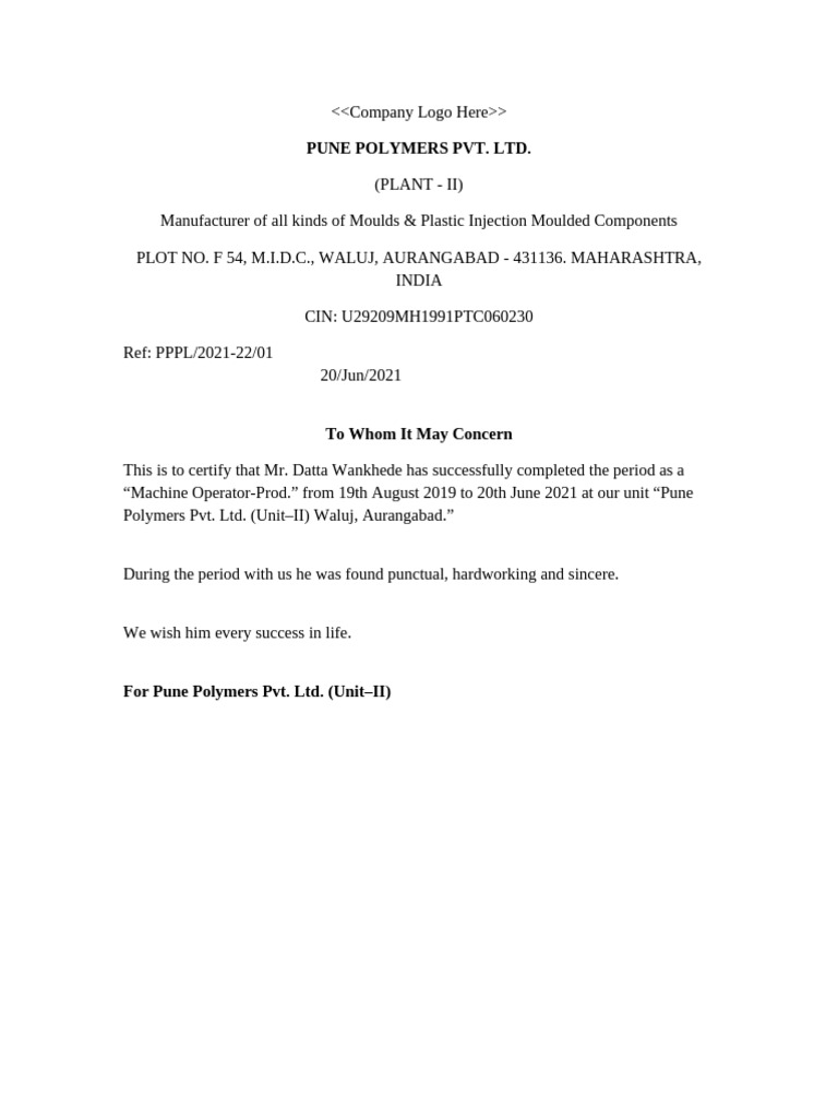 Experience Certificate With Logo Placeholder | PDF