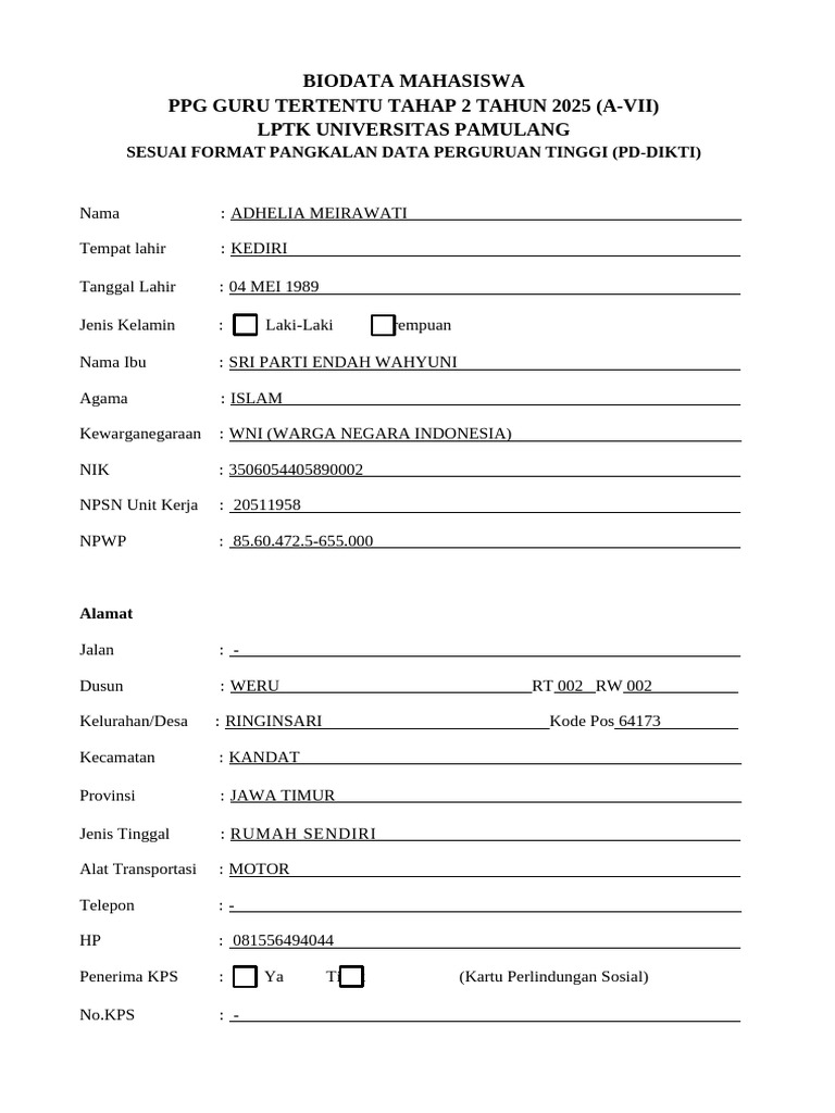Form Biodata Mahasiswa PPG Guru Tertentu | PDF