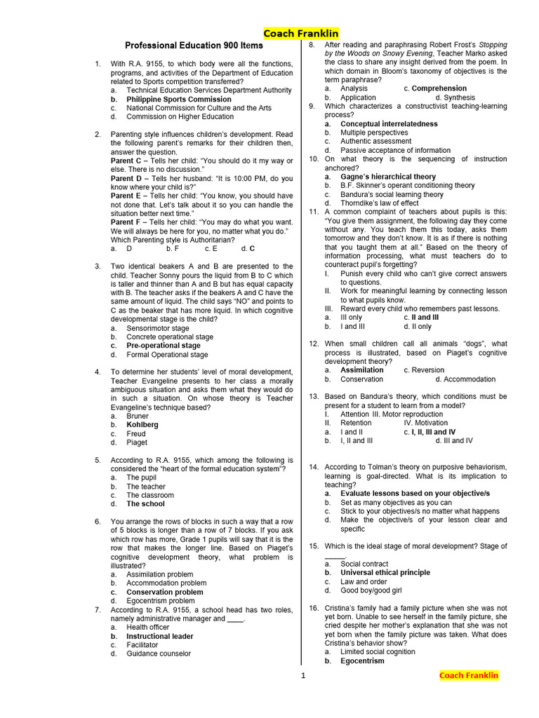 900-Prof Ed With Answers | PDF | Behavioural Sciences | Cognition