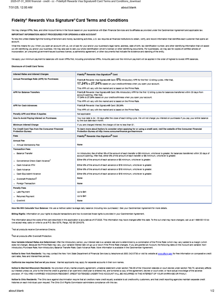 Fidelity® Rewards Visa Signature® Terms | PDF | Credit Card | Annual ...