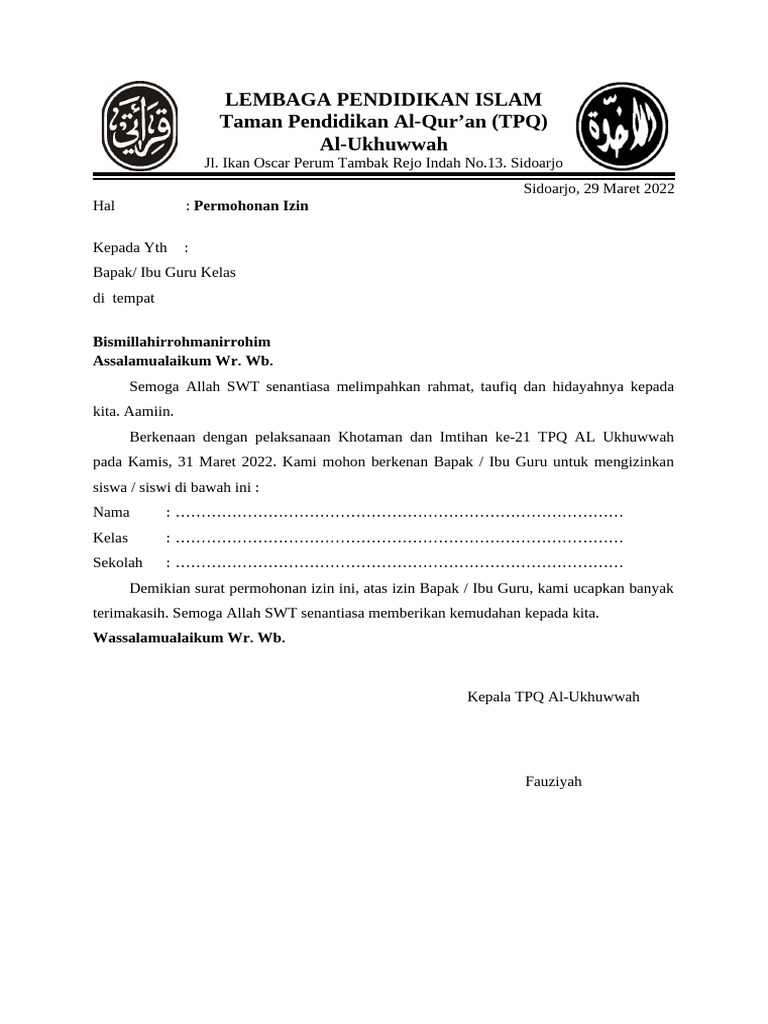 Contoh Surat Permohonan Izin | PDF