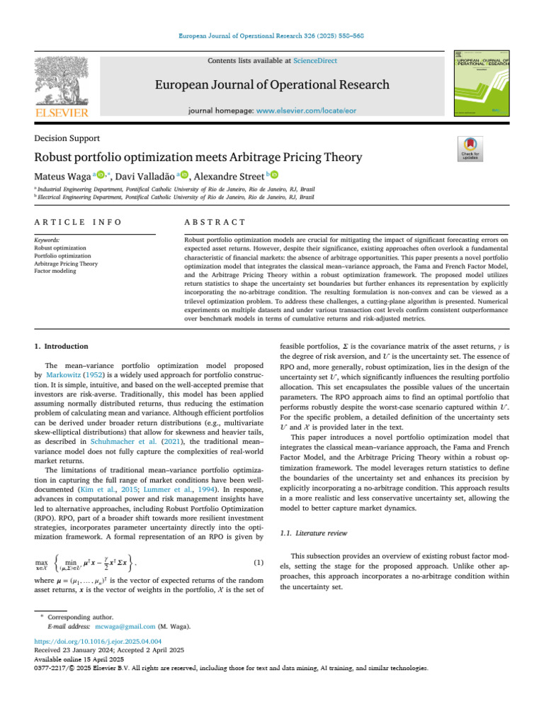 Robust Portfolio Opt Meets With Arbitrage Pricing Theory | PDF ...