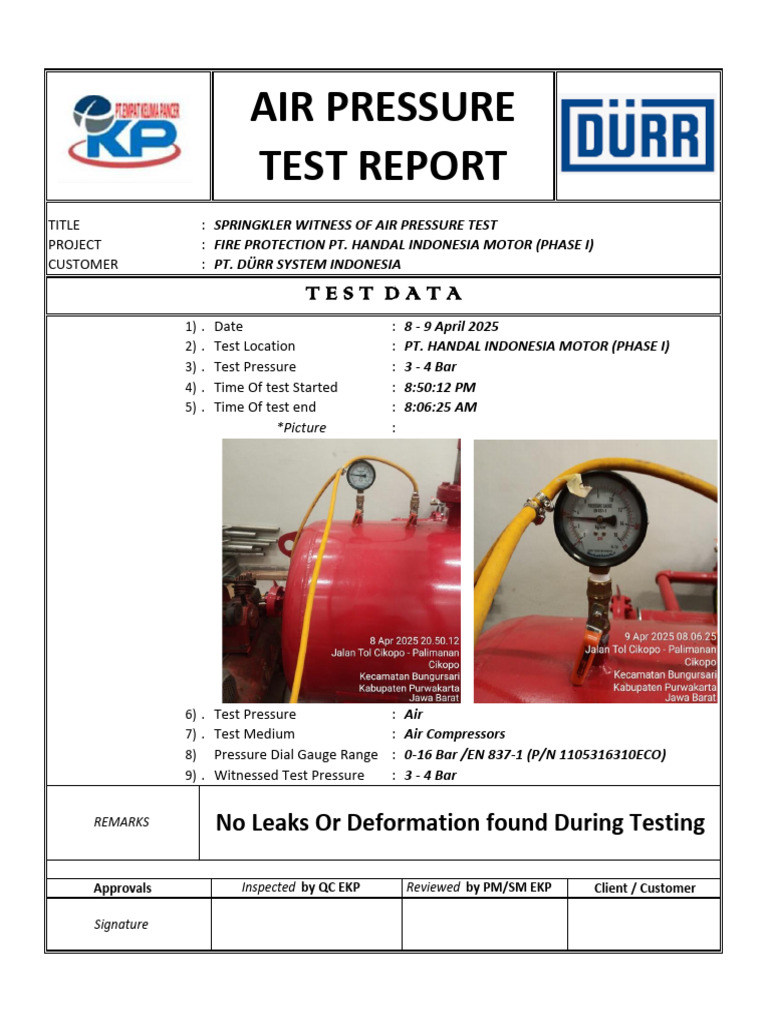 Air Pressure Test Report for Fire Protection | PDF