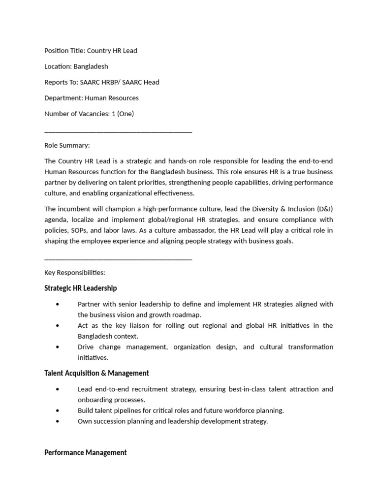 JD Country HR Lead Bangladesh | PDF | Human Resource Management ...