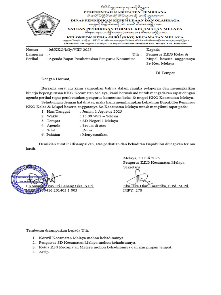 Undangan Rapat KKG Tanggal 1 Agustus 2025 | PDF
