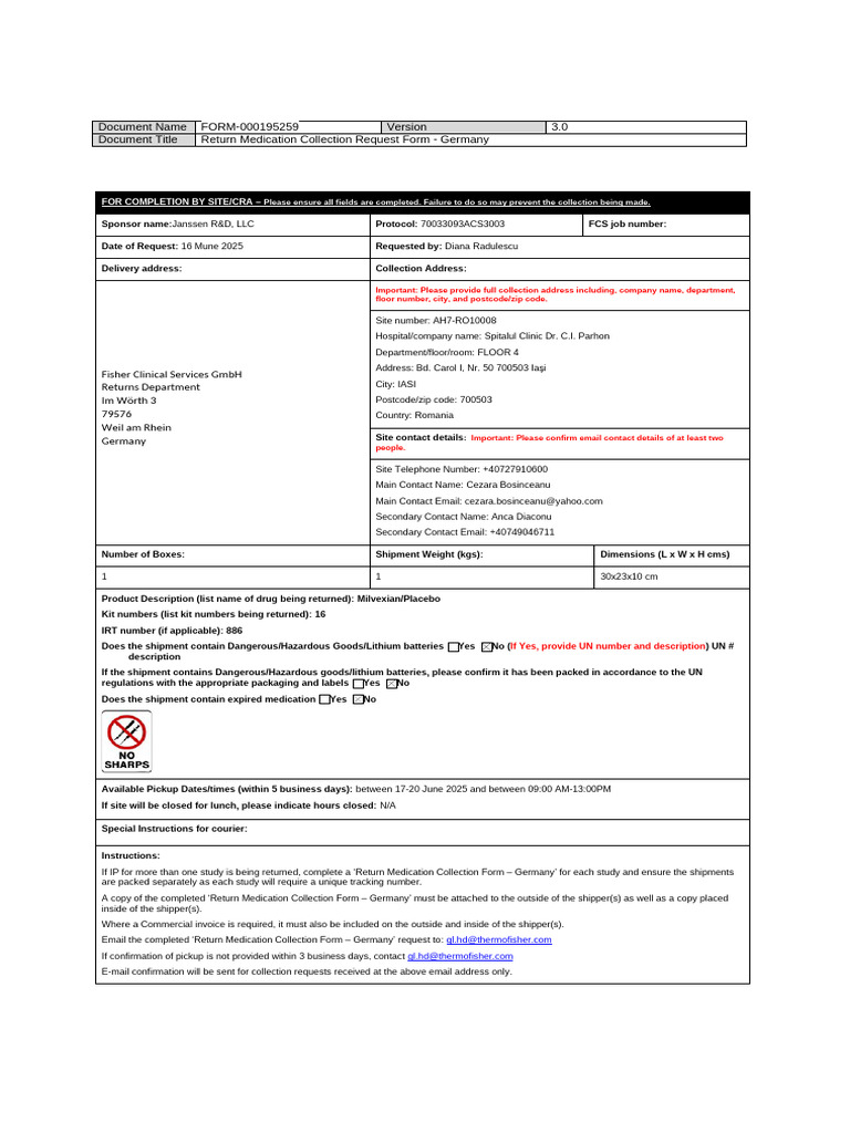 Return Medication Collection Request Form - Germany - AH7-RO10008 - 16 ...