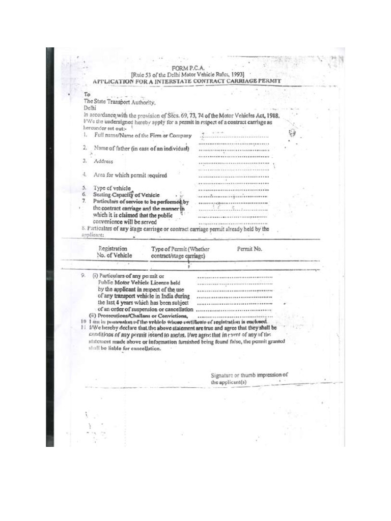 Application For Interstate Contract Carriage Permit P.C.A | PDF