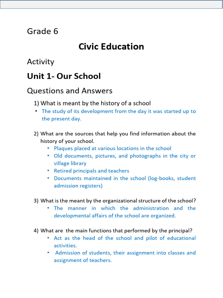 Grade 6 Civic Education Questions and Answers Unit 1 Part 1 (Let Us ...