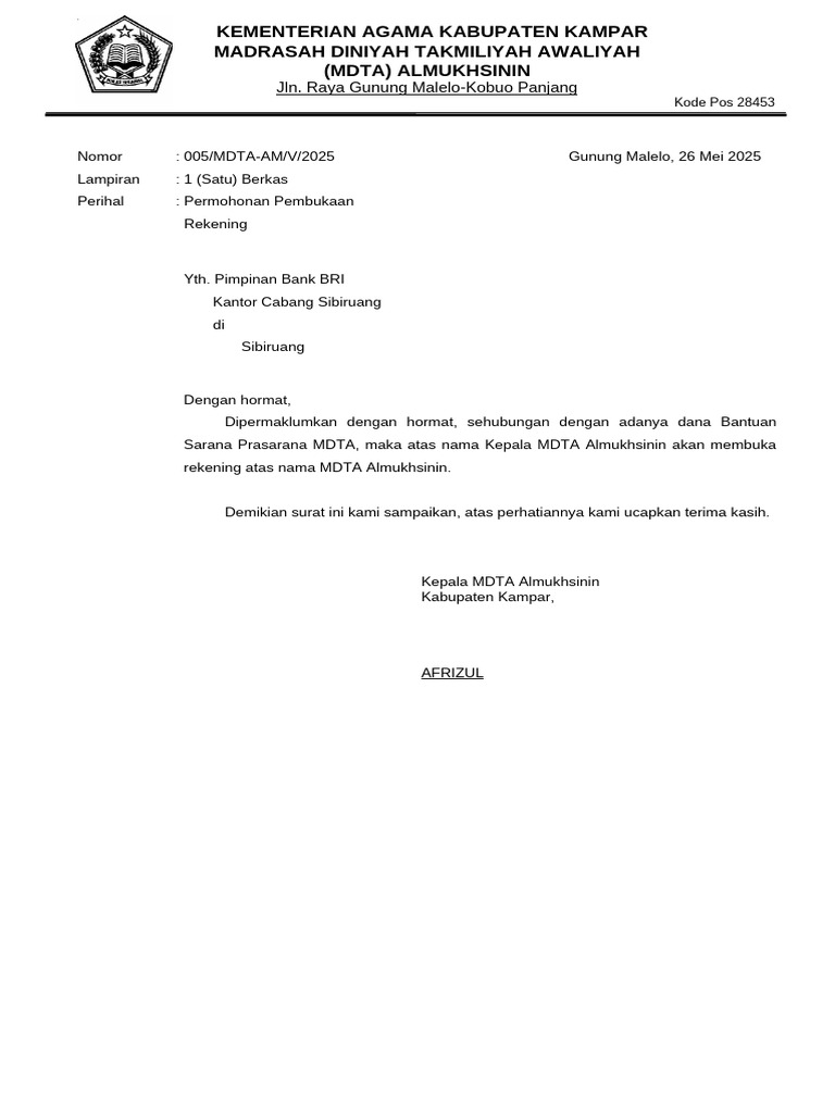 Surat Rekom Buka Rekening | PDF