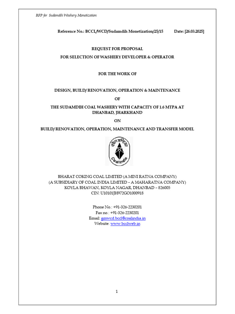 Sudamdih Coal Washery RFP 2025 | PDF