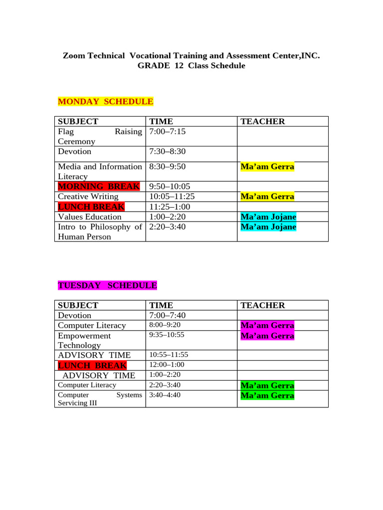 Grade 12 Sched | PDF