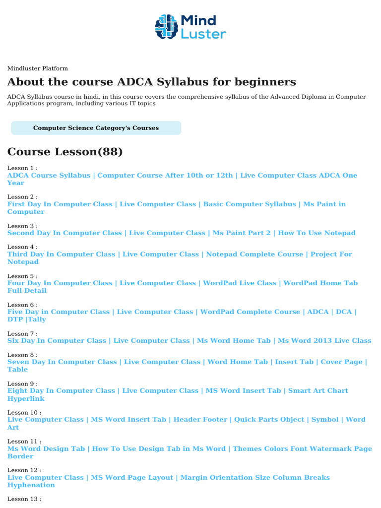ADCA Course Syllabus Overview | PDF | Microsoft Excel | Microsoft Word