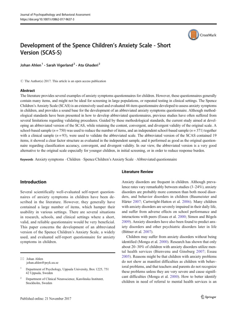 SCAS-S: Short Anxiety Scale for Children | PDF | Anxiety Disorder ...