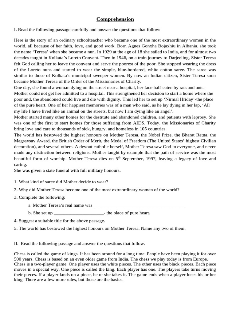 Comprehension & Picture Composition | PDF | Mother Teresa