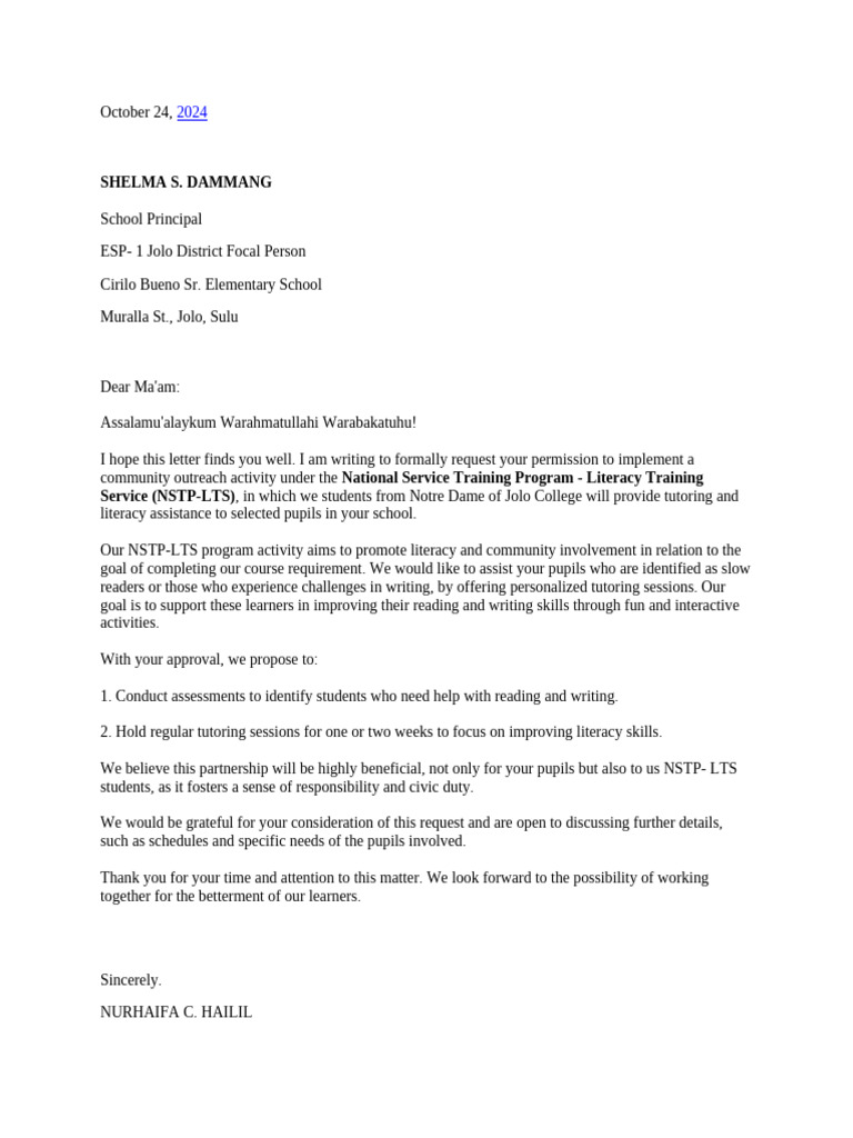 NSTP Literacy Tutoring Request Letter | PDF