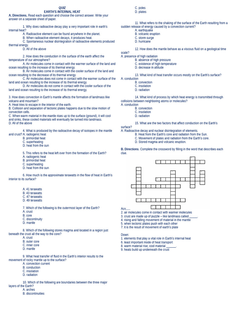 Earth's Internal Heat Quiz | PDF | Earth | Convection