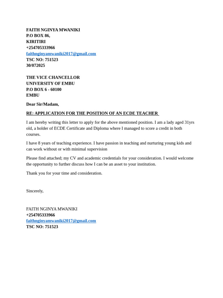 Faith Nginya Mwaniki Application | PDF