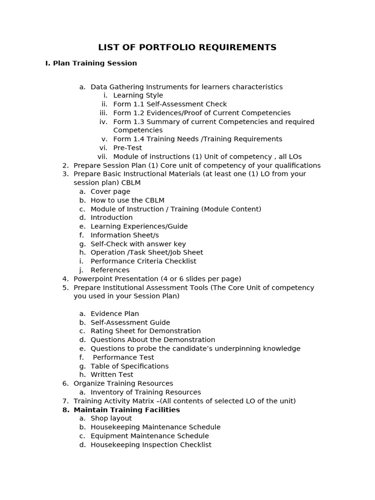 Portfolio Requirements for Training Sessions | PDF