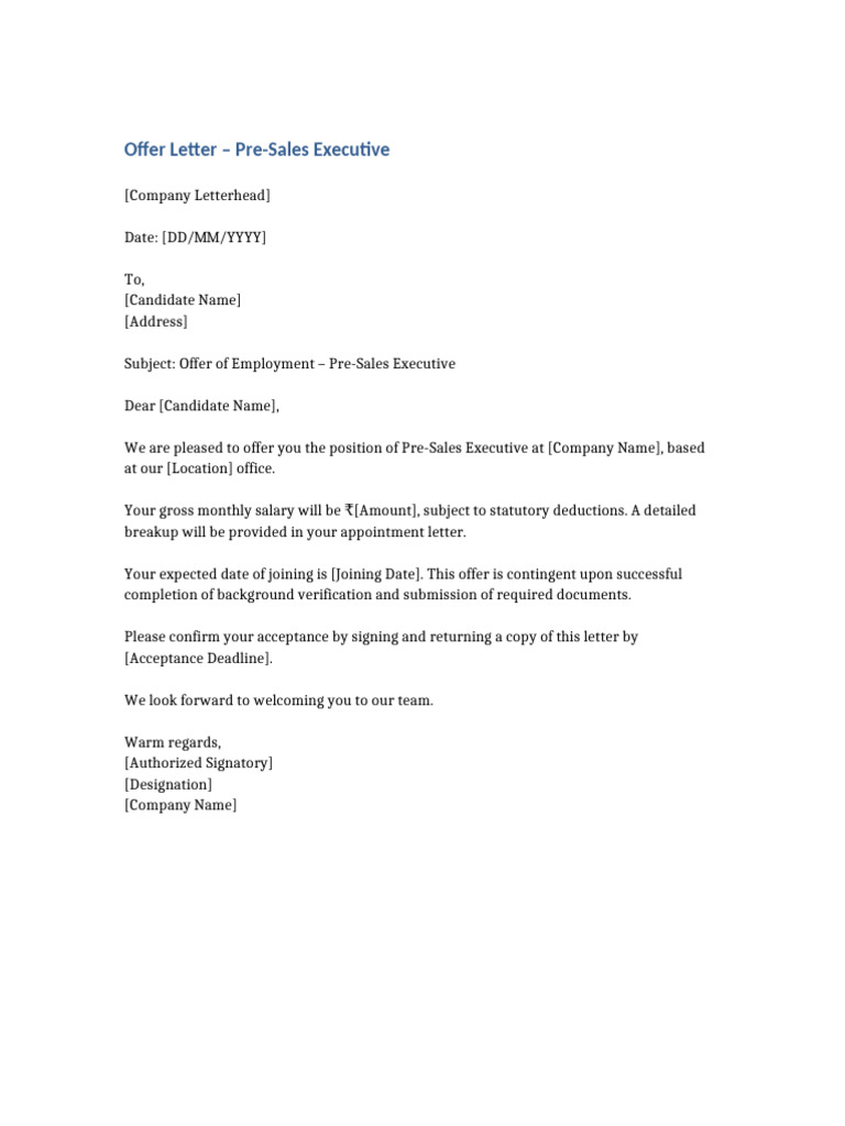 PreSales Executive Offer Appointment Letters | PDF