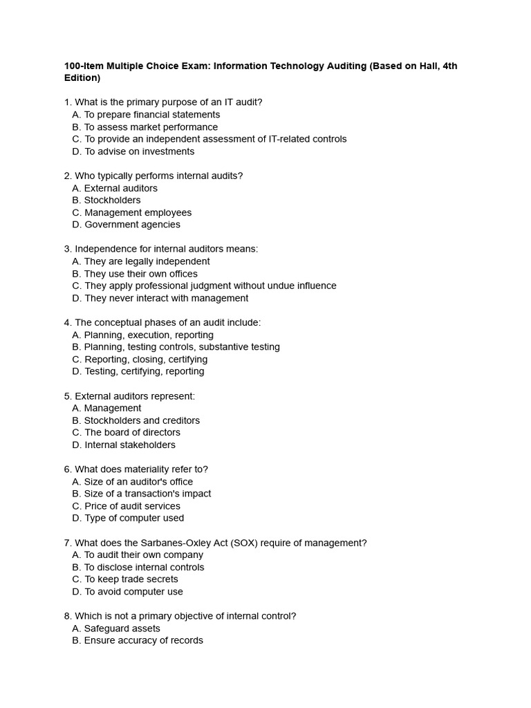IT Auditing Exam Questions | PDF | Internal Control | Audit