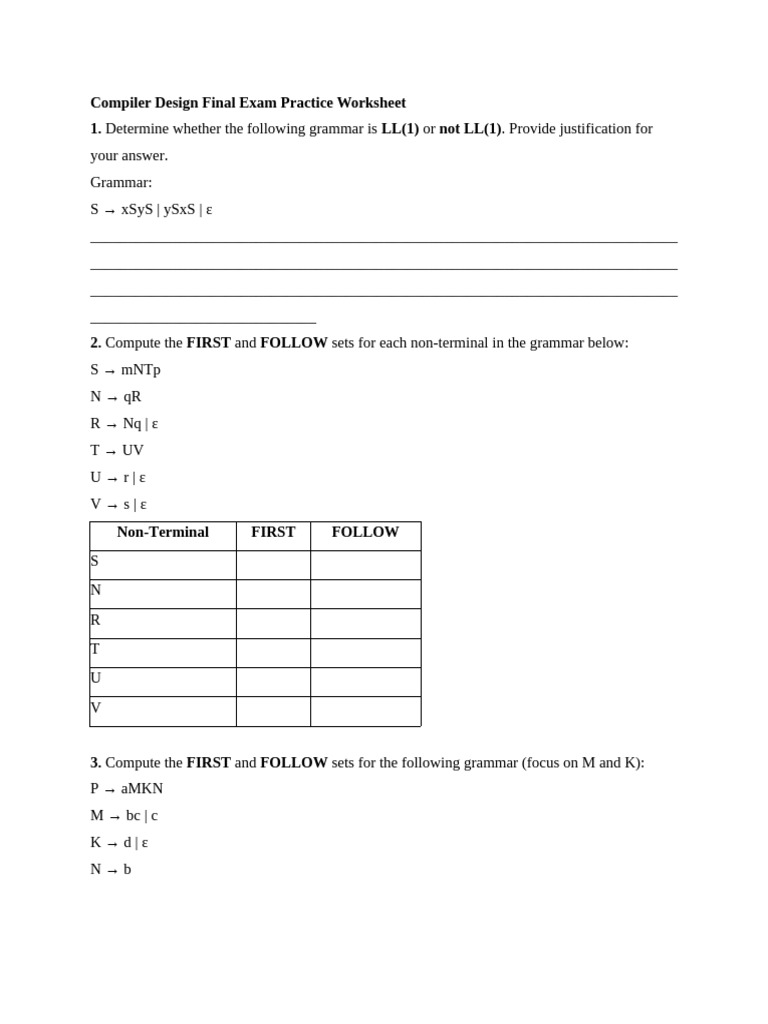 Compiler Design Exam Practice Worksheet | PDF
