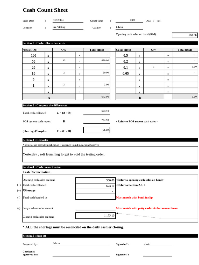 Cash Count Report for Sri Petaling | PDF | Money | Cash