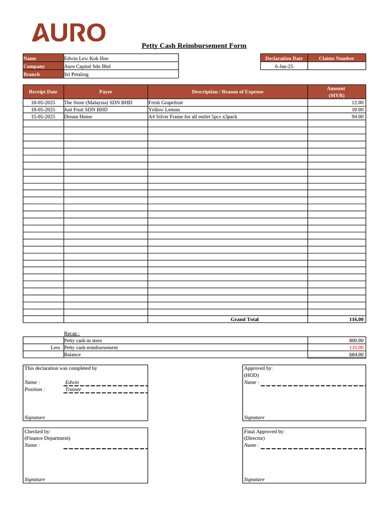 Store Petty Cash Reimbursement Form | PDF