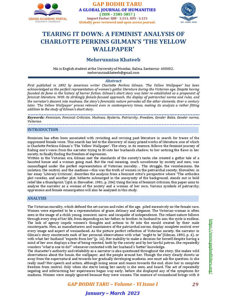 Charlotte Perkins Gilmans The Yellow Wallpaper | PDF | The Yellow Wallpaper | Feminism