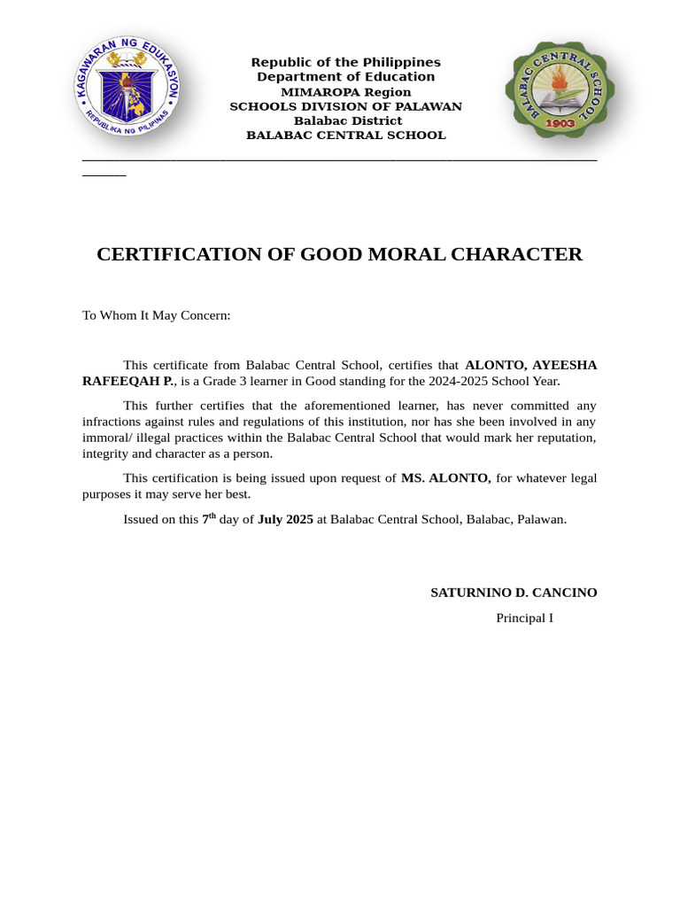 Certification of Good Moral Character | PDF