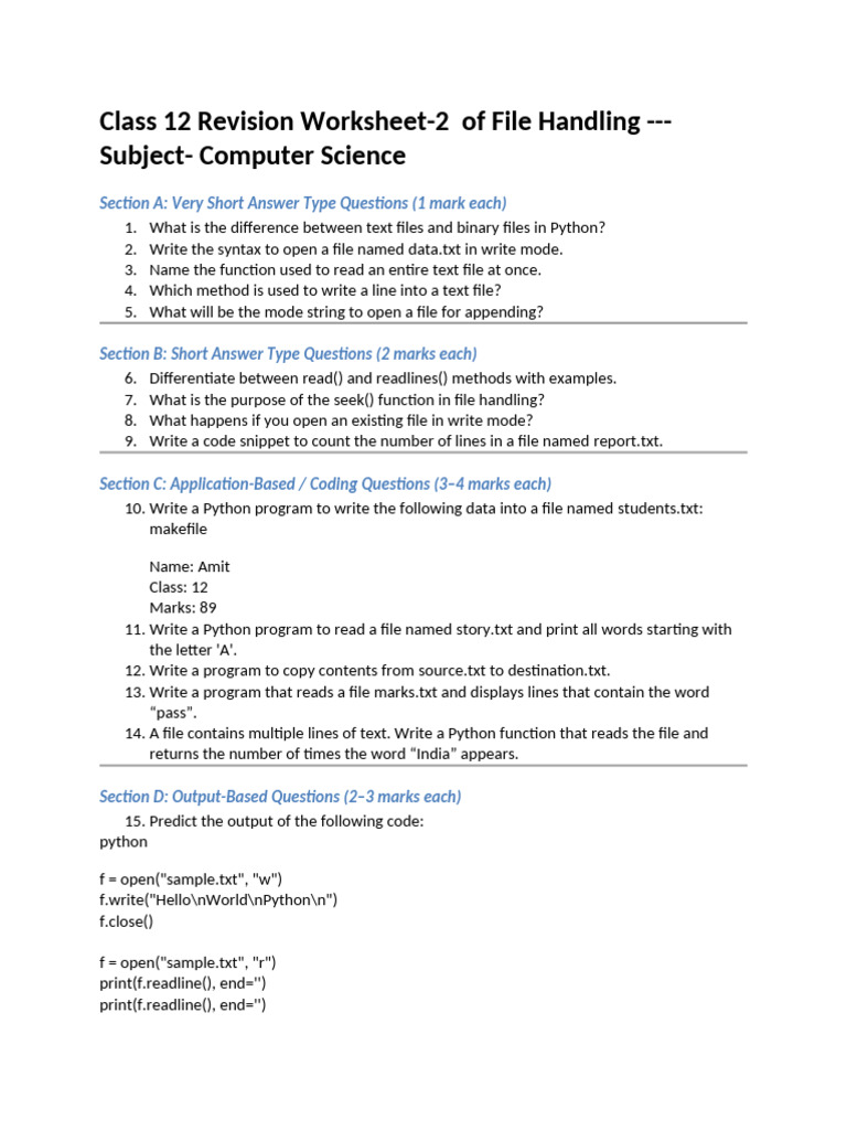 Class 12 Worksheet-2 File Handling | PDF | Computer File | Text File
